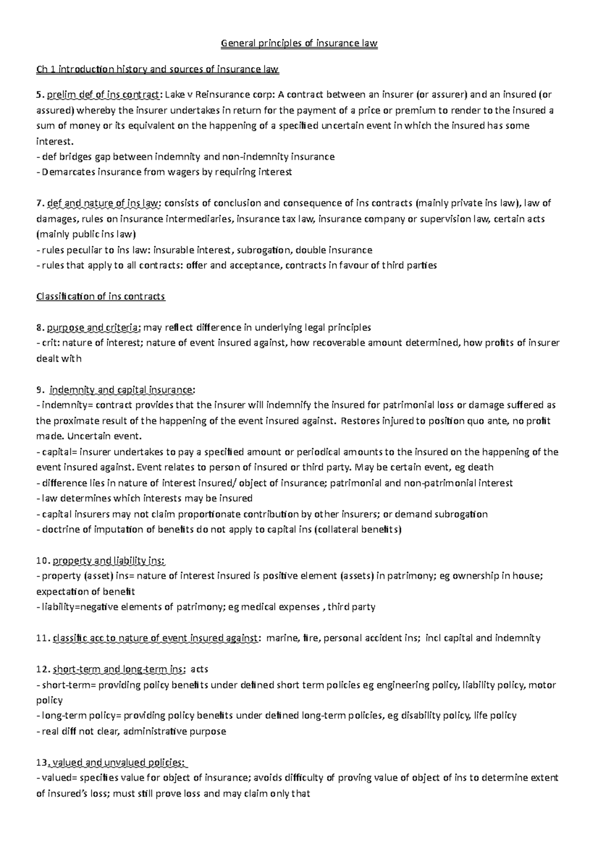 Insurance law summary notes by lecture - LAWS4IA - UKZN - Studocu