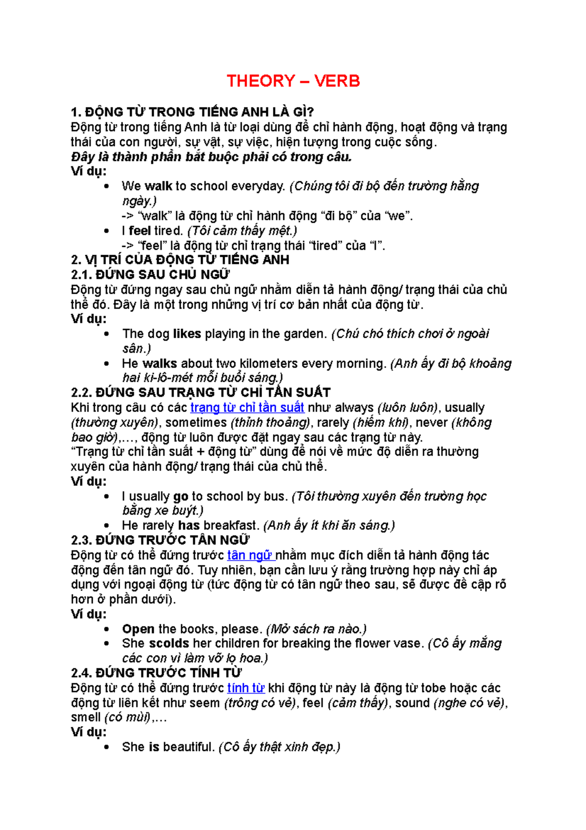Theory VERB Grammar Verb THEORY VERB 1 NG T TRONG TI NG