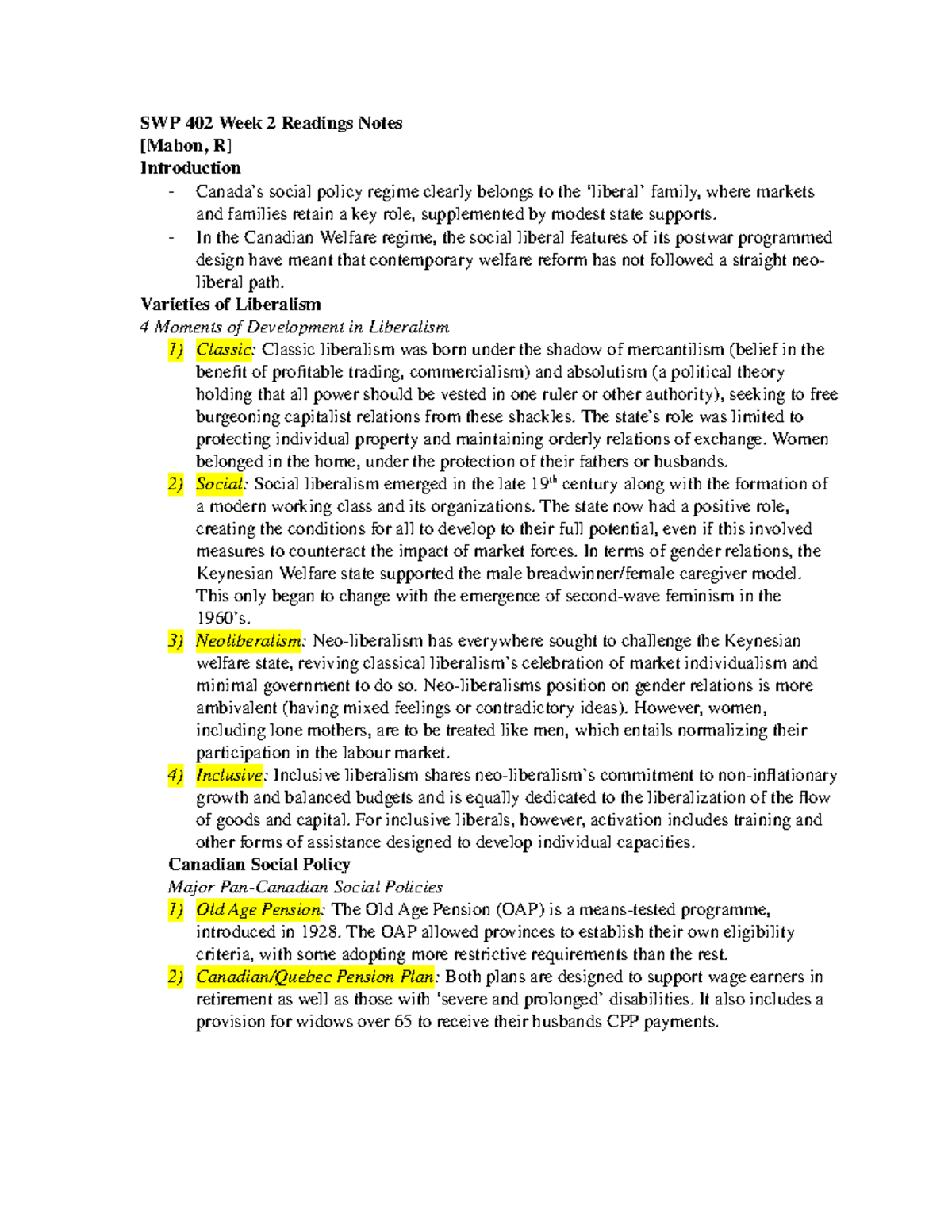 Lecture notes, Social Policy and Social Inclusion, Exam notes - SWP 402 ...