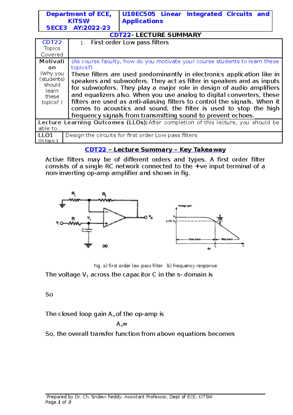 Lica Cdt 22 Summary 5ece3 2022 23 Department Of Ece Kitsw 5ece3 Ay 2022 U18ec505 Linear