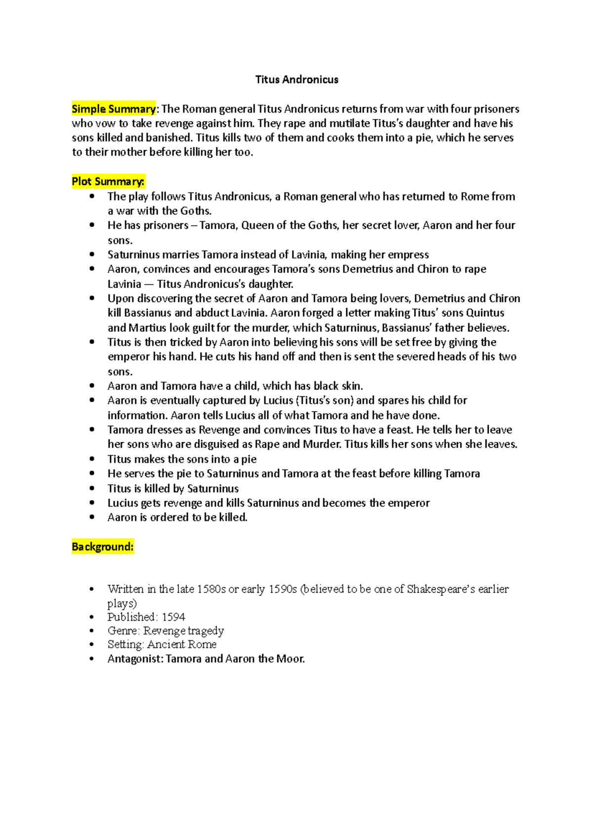 Titus Andronicus Notes - Titus Andronicus Simple Summary: The Roman ...