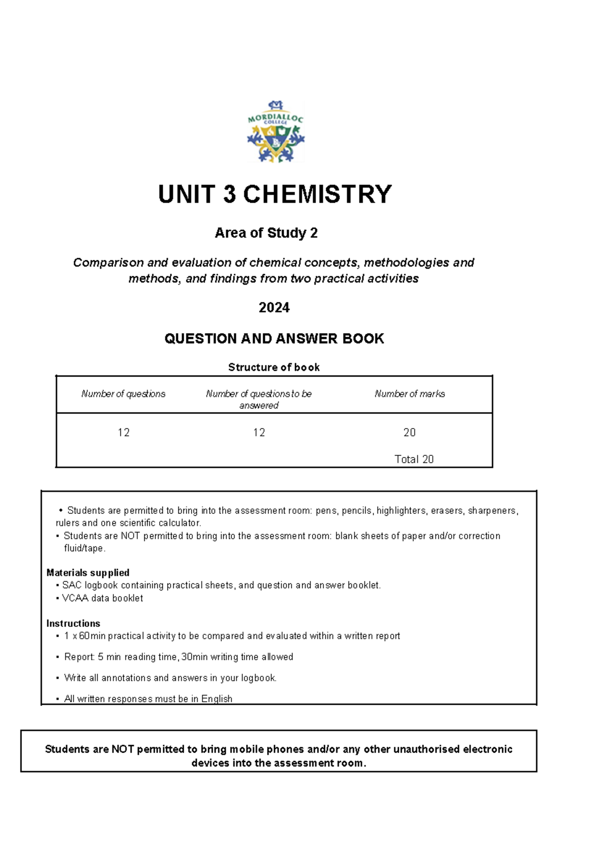 U3 AOS2 Practice SAC with Solutions - UNIT 3 CHEMISTRY Area of Study 2 ...