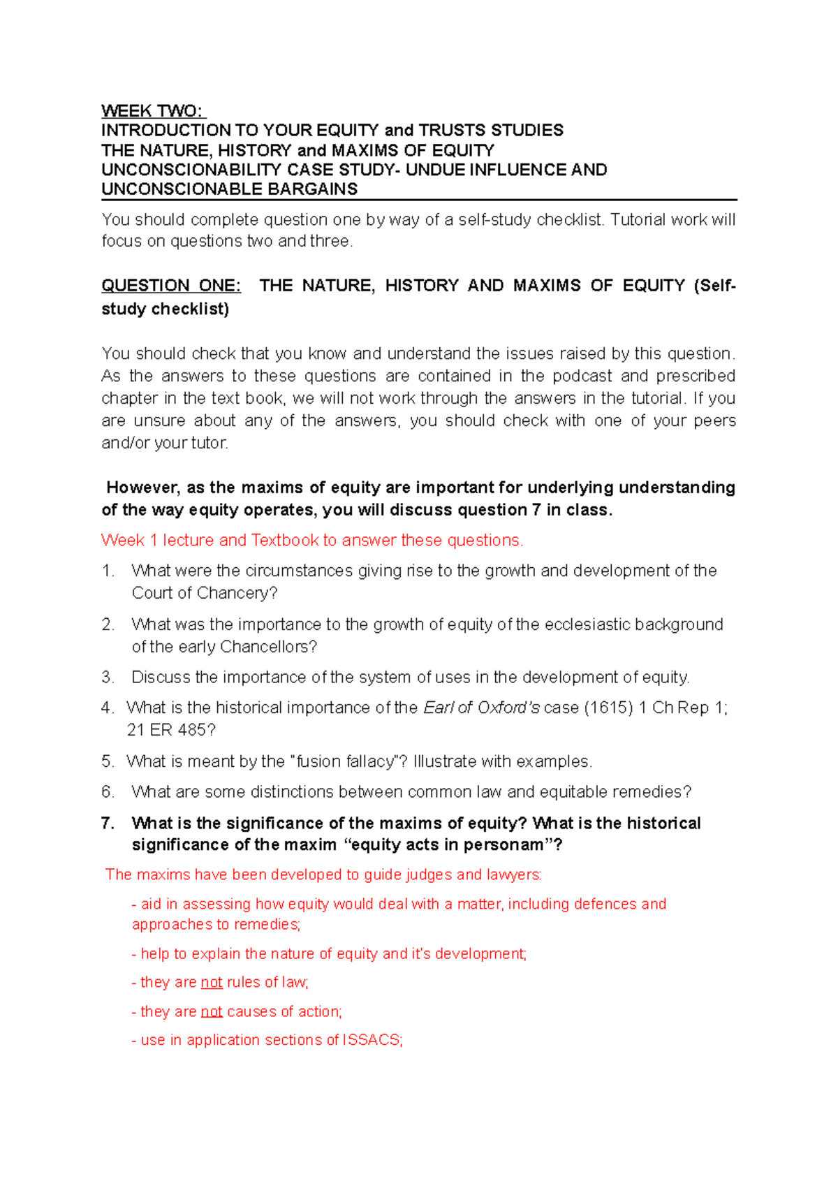 LLB205 Tutorial 1 - WEEK TWO: INTRODUCTION TO YOUR EQUITY and TRUSTS STUDIES THE NATURE, HISTORY ...