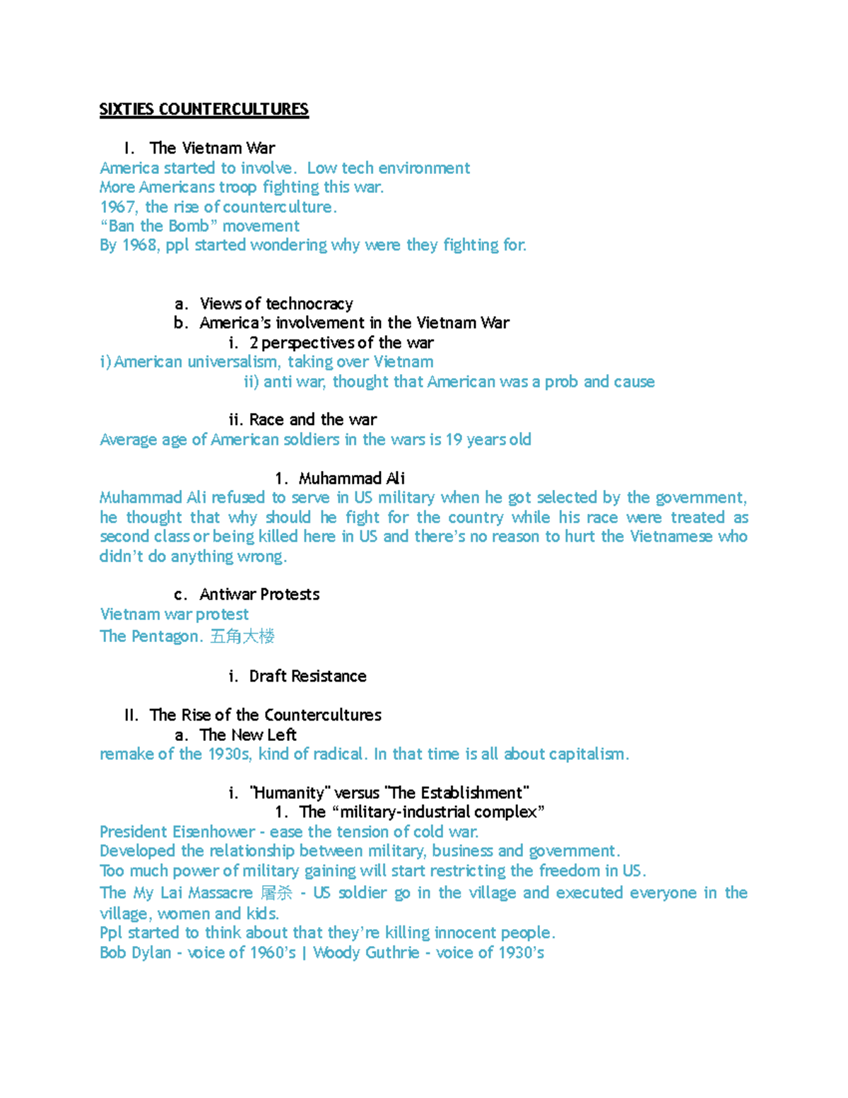 Sixties Countercultures Note - SIXTIES COUNTERCULTURES I. The Vietnam ...
