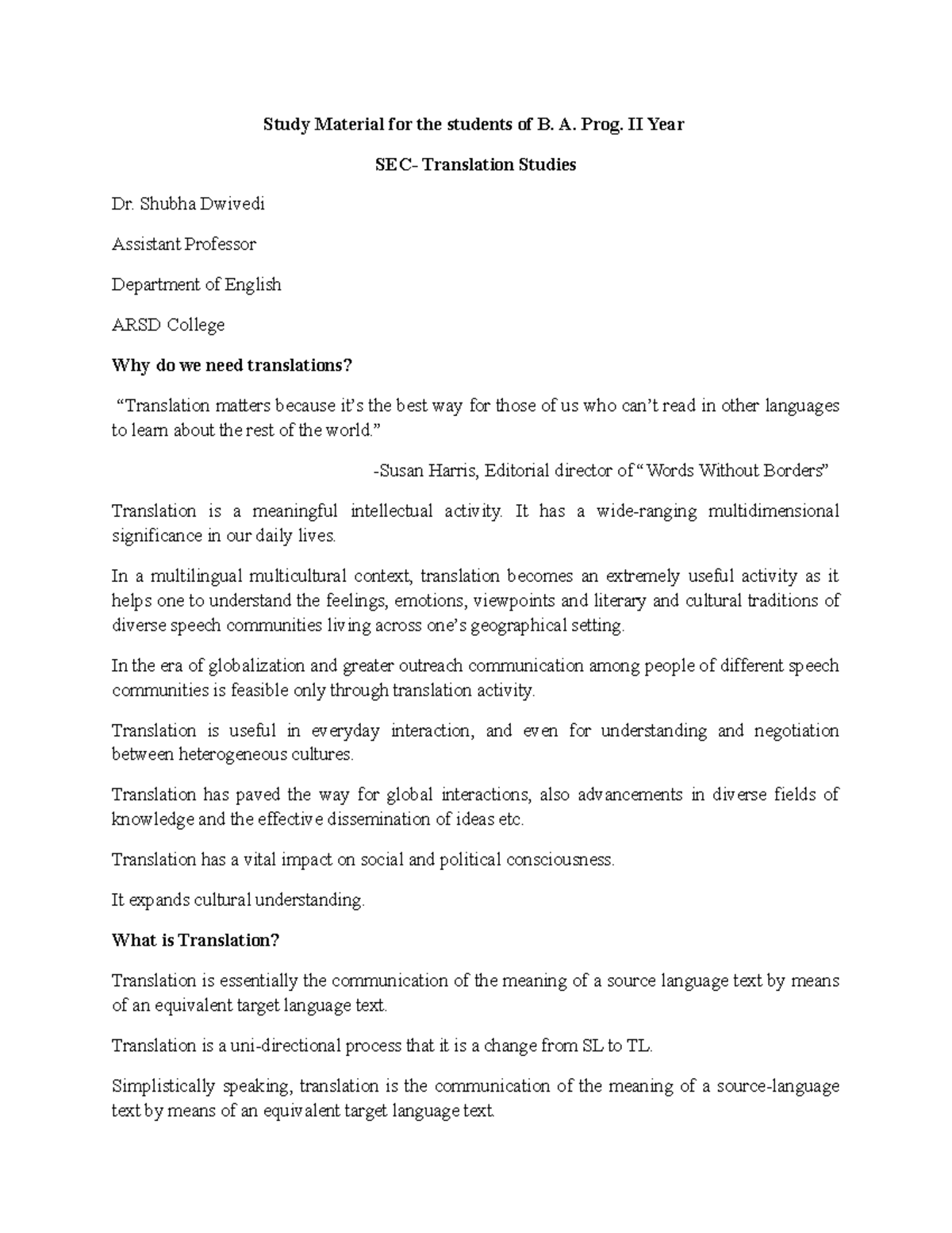 Translation-I - Translation studies - Study Material for the students ...