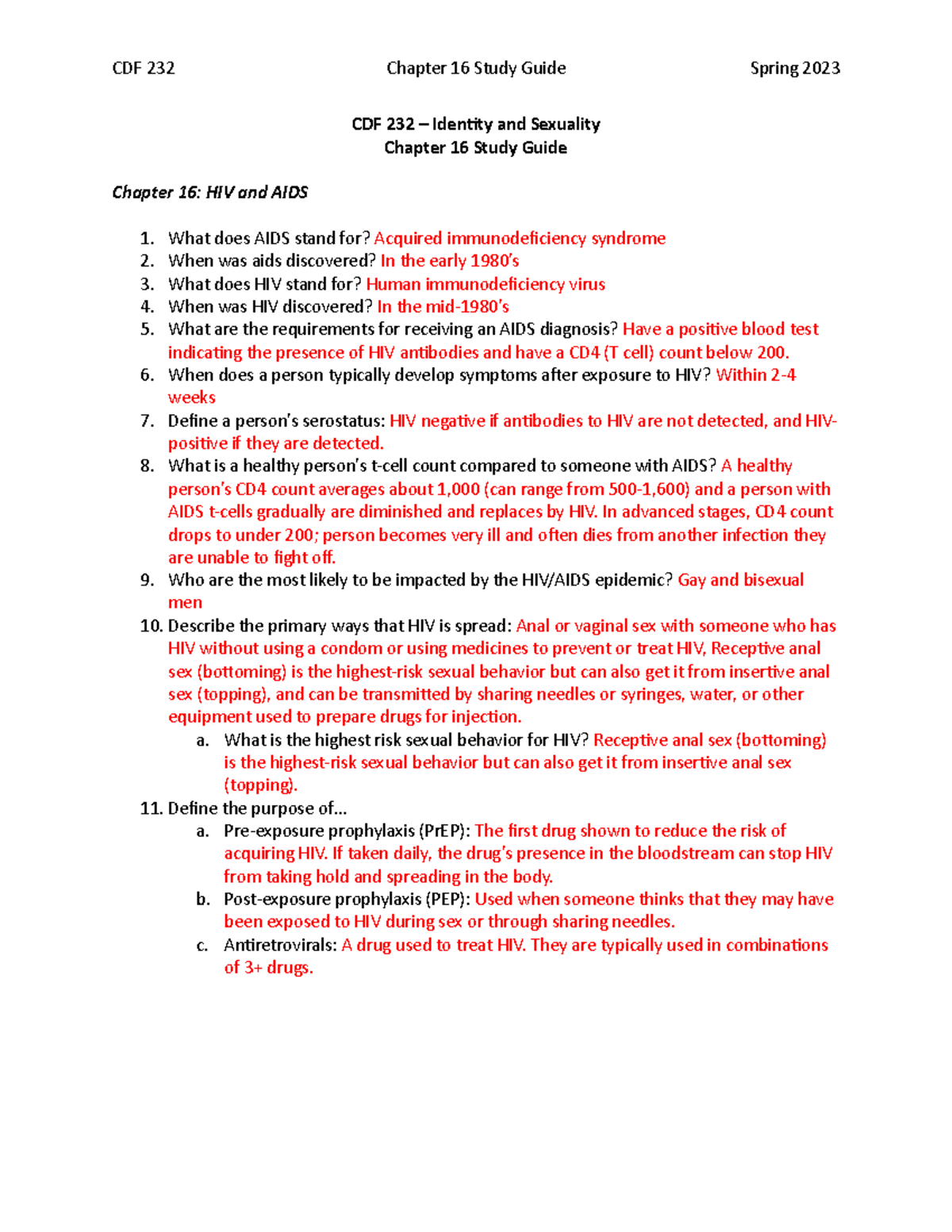 Chapter 16 Study Guide - CDF 232 Chapter 16 Study Guide Spring 2023 CDF ...