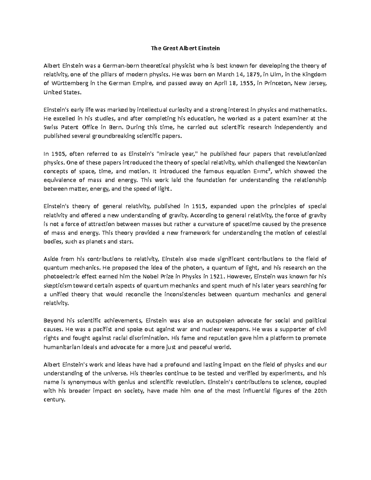 The Great Albert Einstein - The Great Albert Einstein Albert Einstein ...