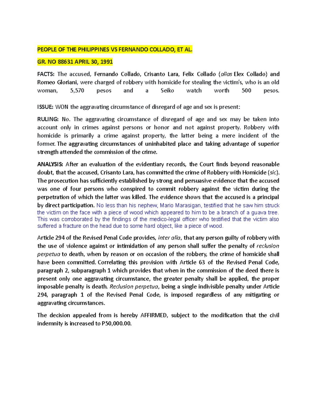 Case Study 1 Issues and Ruling - PEOPLE OF THE PHILIPPINES VS FERNANDO ...
