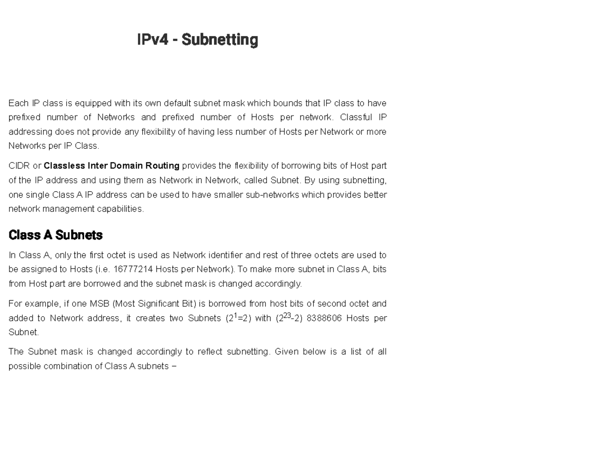 IPv4 - Subnetting - IPv4 - Subnetting Each IP class is equipped with its own default subnet mask ...