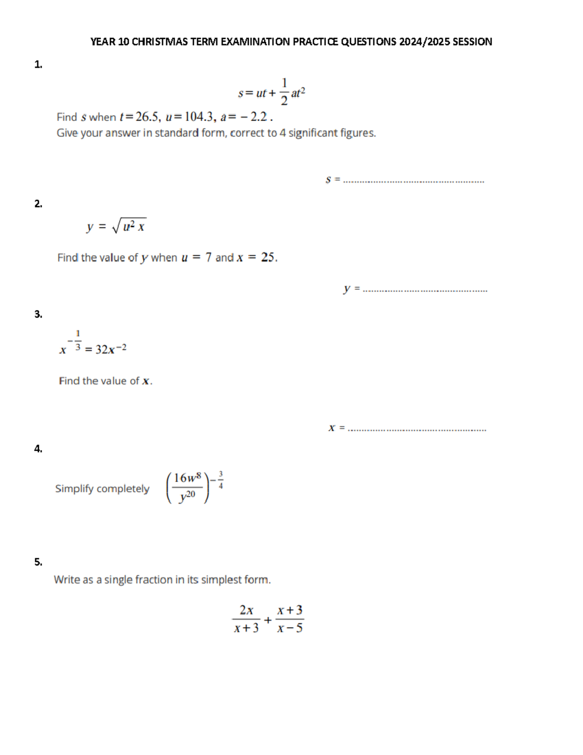 YEAR 10 Christmas TERM Examination Practice Questions 2024 2025 ...