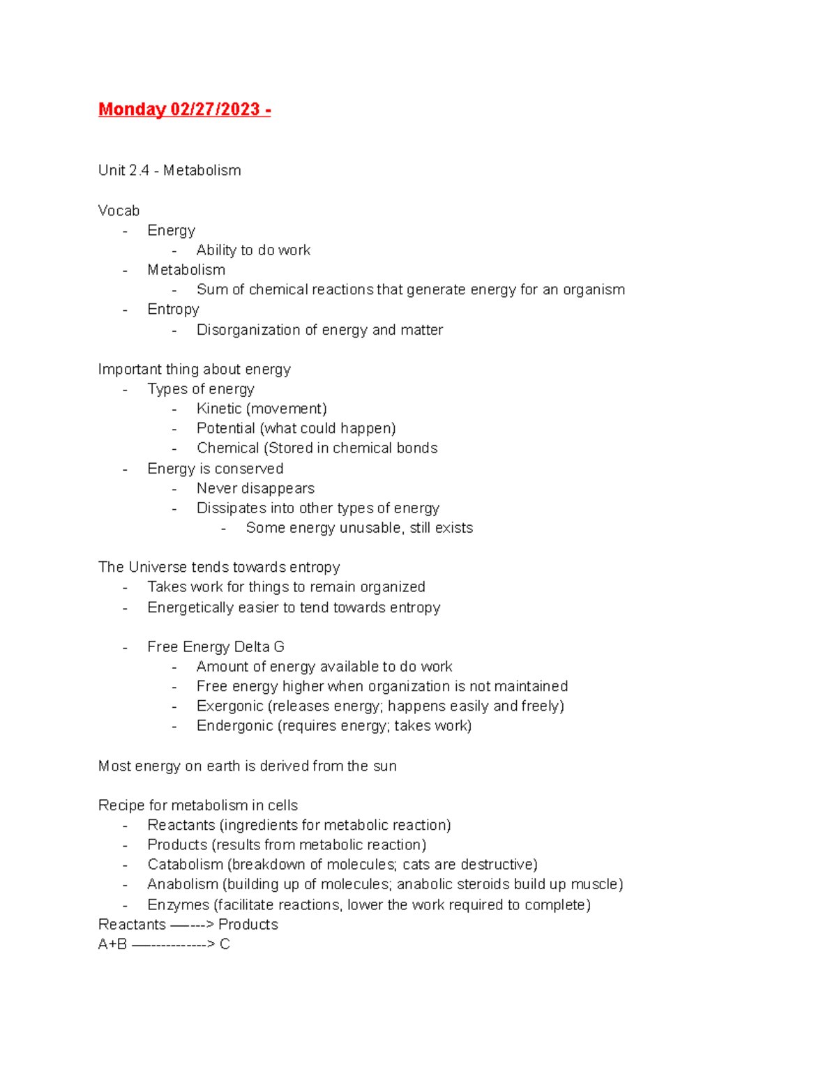 Week 6 - biology - Monday 02/27/2023 - Unit 2 - Metabolism Vocab ...