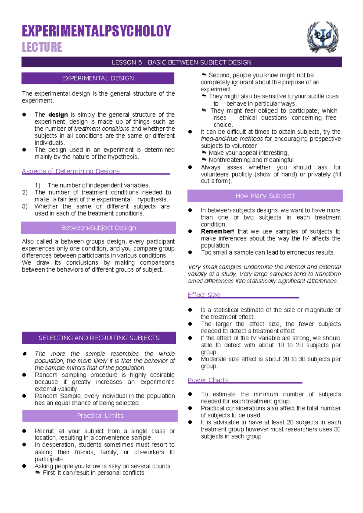 Basic between subject design - EXPERIMENTALPSYCHOLOY LECTURE The ...