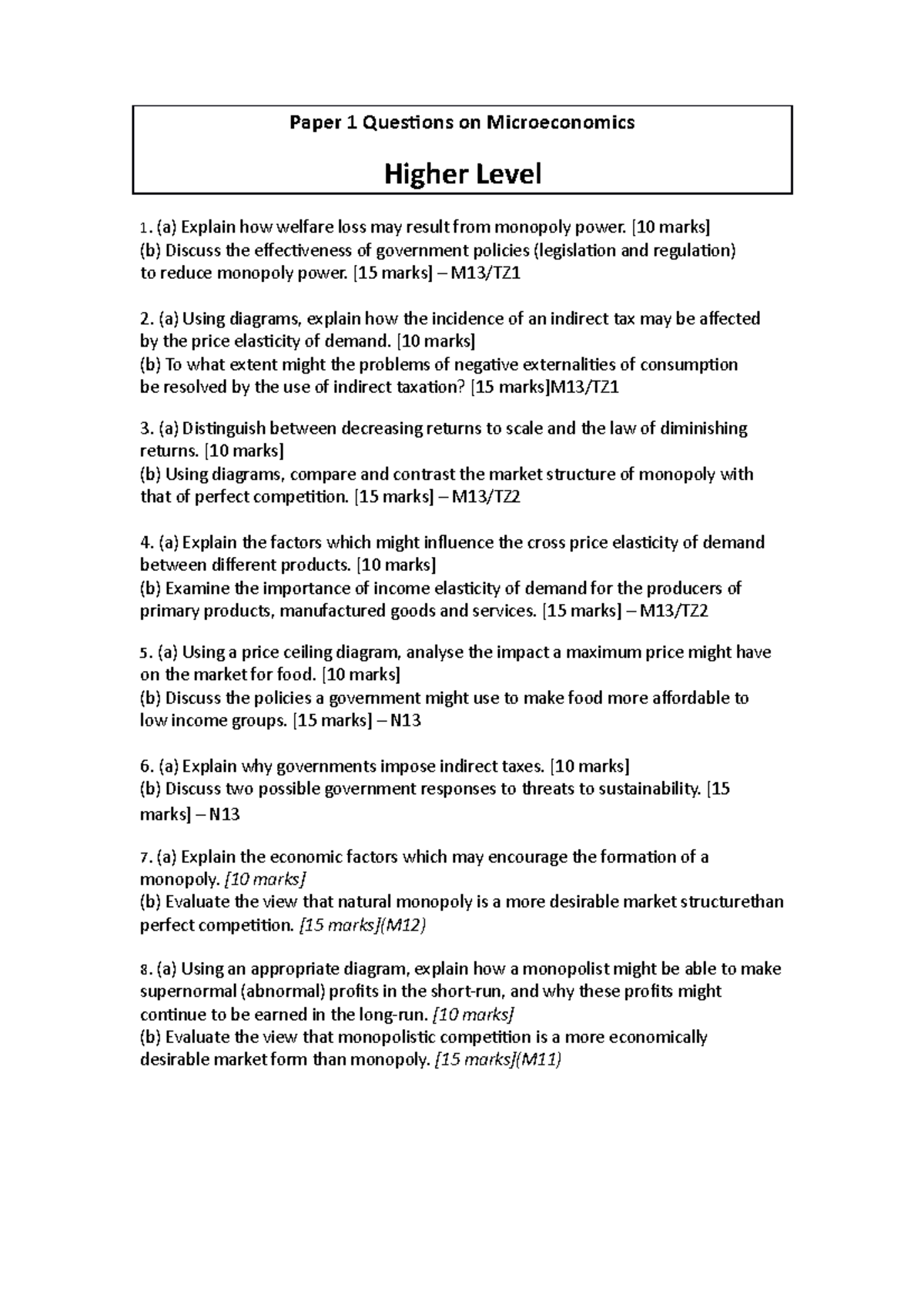 Paper 1 Questions on Microeconomics - final revision - Paper 1 ...