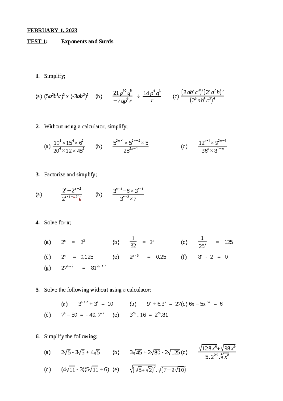 Exponents and Surds Test- Richardsonx - FEBRUARY 1, 2023 TEST 1 ...