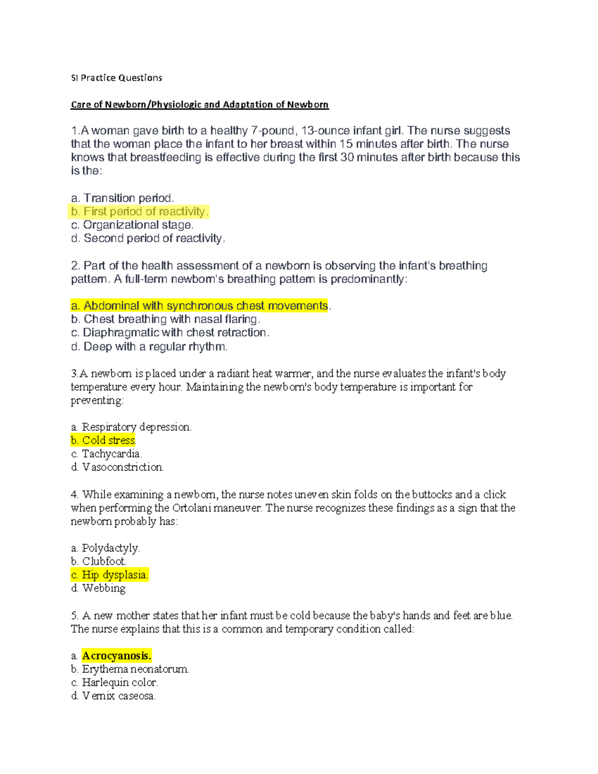 SI Practice Questions answers - SI Practice Questions Care of Newborn ...