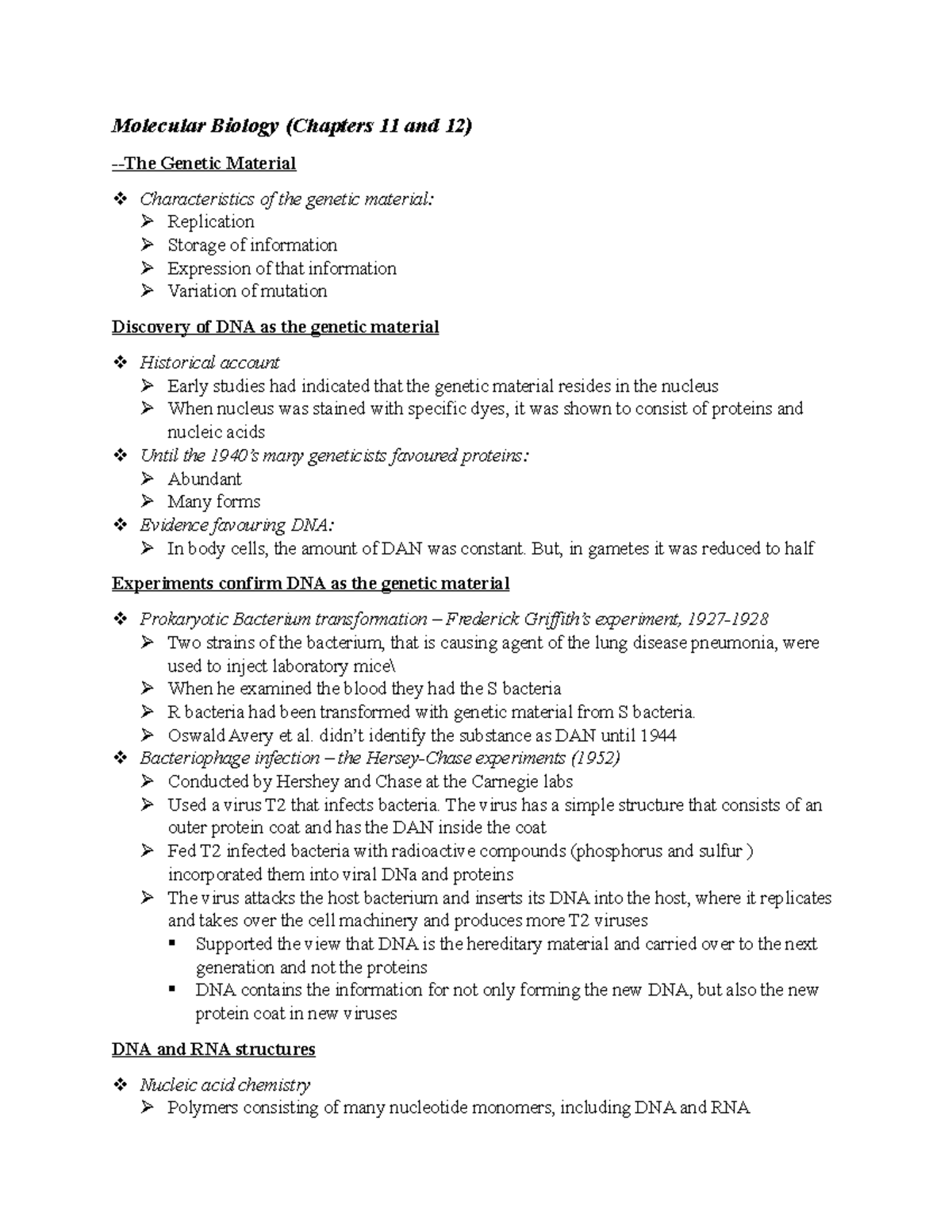 Biology 120 Notes Chapter 11 and 12 - Molecular Biology (Chapters 11 ...