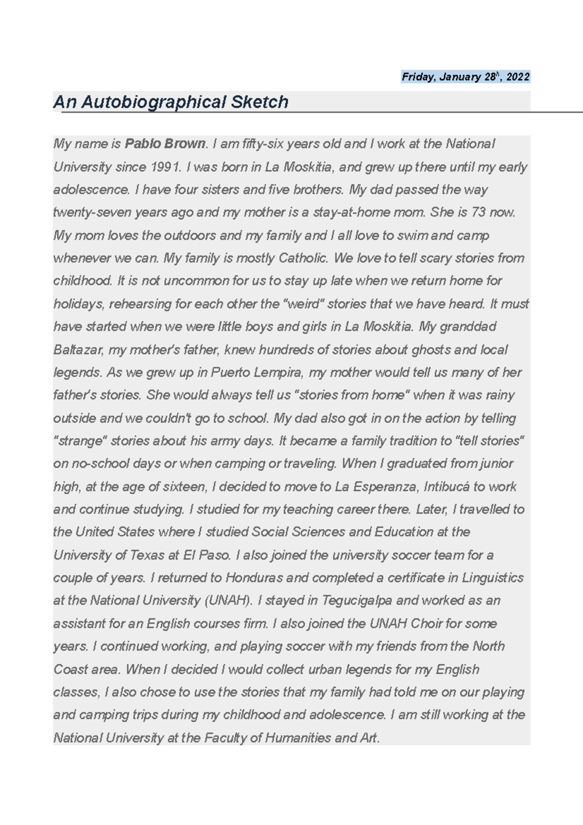 Assignment 1 Task to Submit My Autobiographical Sketch - Friday ...