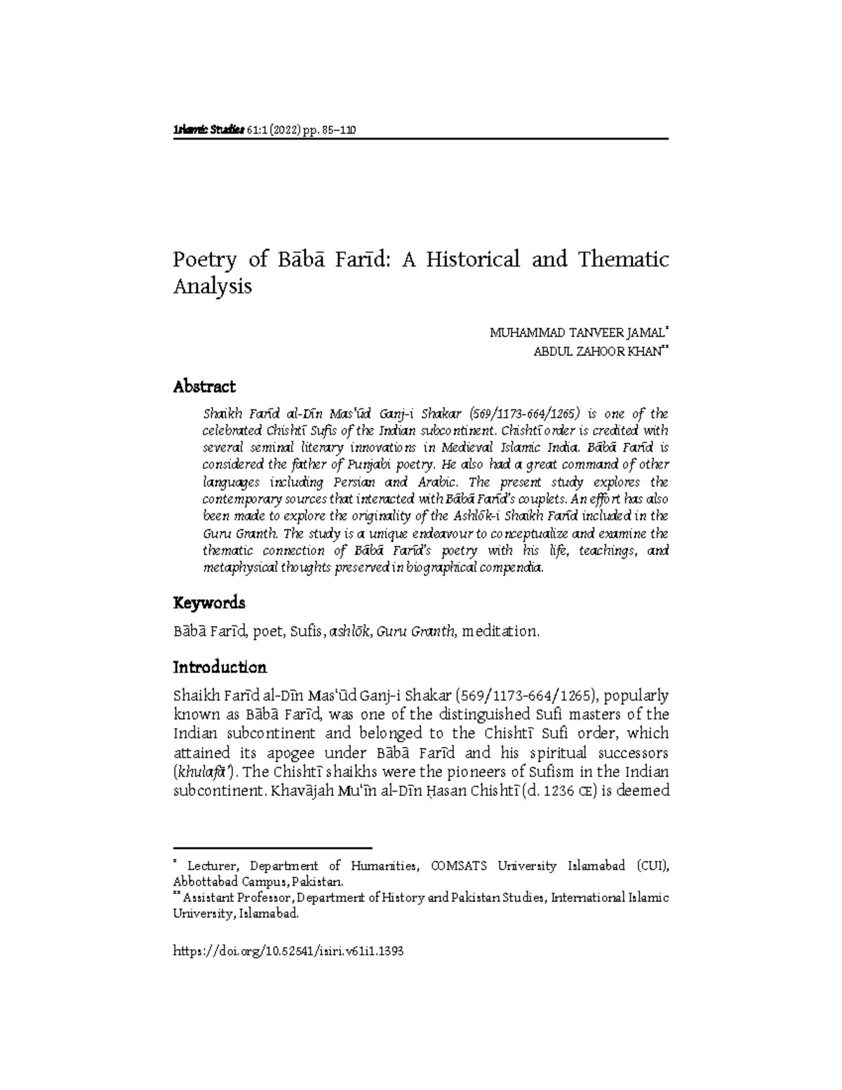 Poetry of Baba Farid by Dr. M. Tanveer Jamal - 1 slamic Studies 61:1 ...