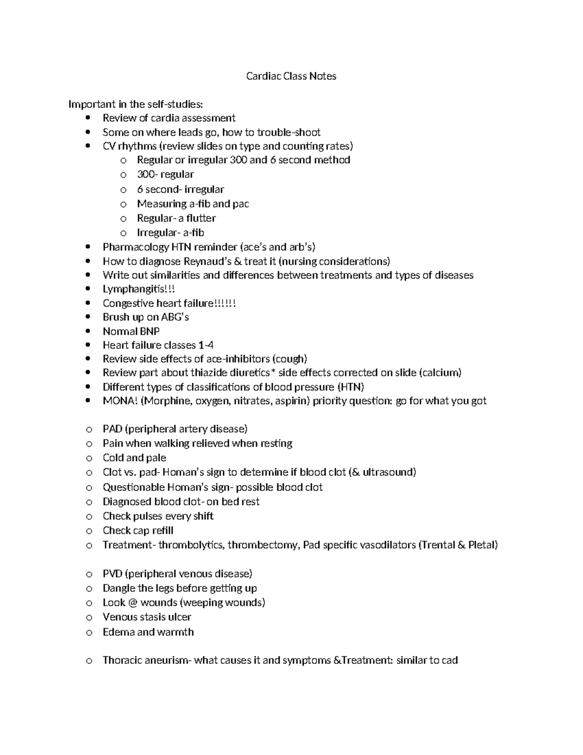 Cardio Notes 1:18:23 - Cardiac Class Notes Important in the self ...
