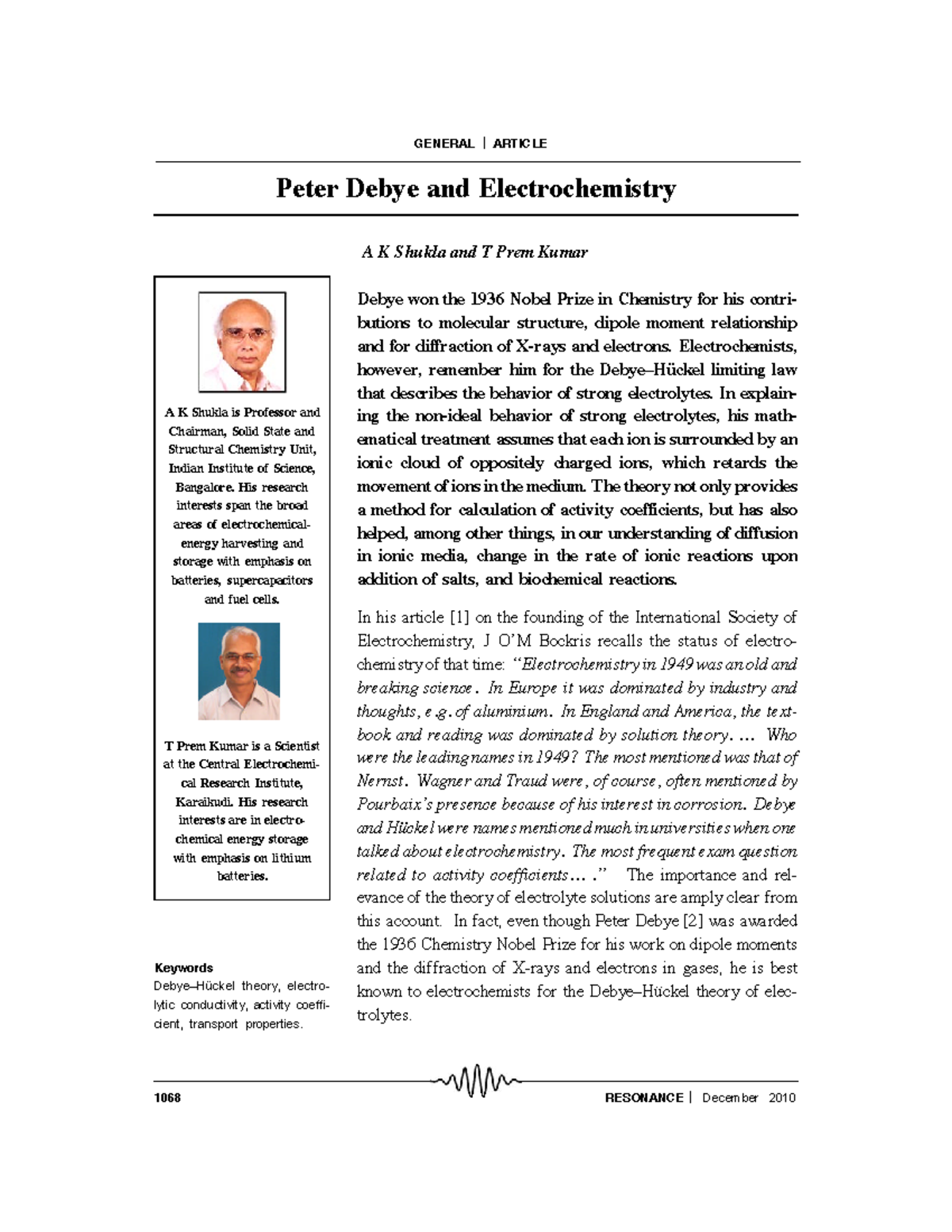 Peter Debye y Electroquimica - 1068 RESONANCE ̈ December 2010 Debye won ...