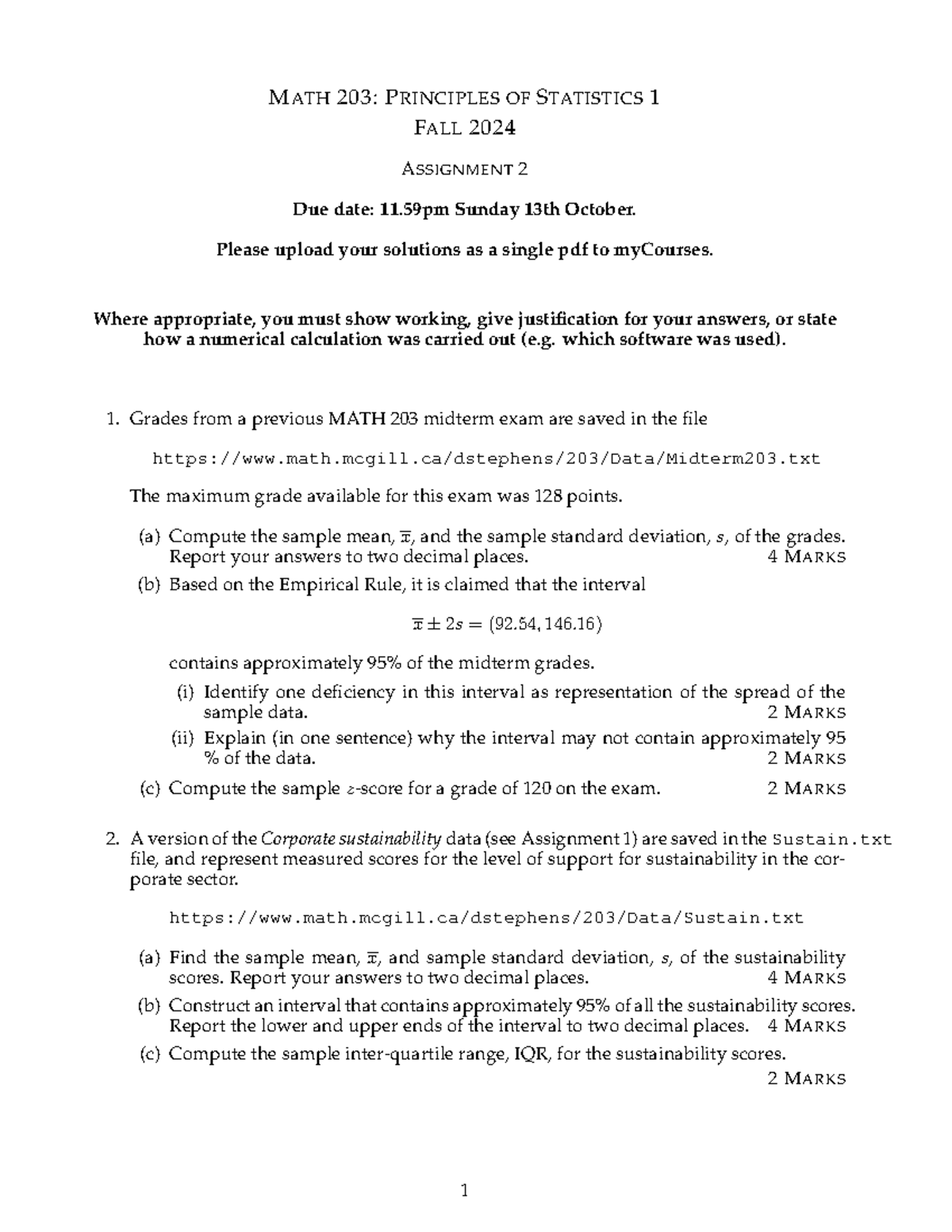 A2-F2024 - good - MATH 203: PRINCIPLES OF STATISTICS 1 FALL 2024 ...