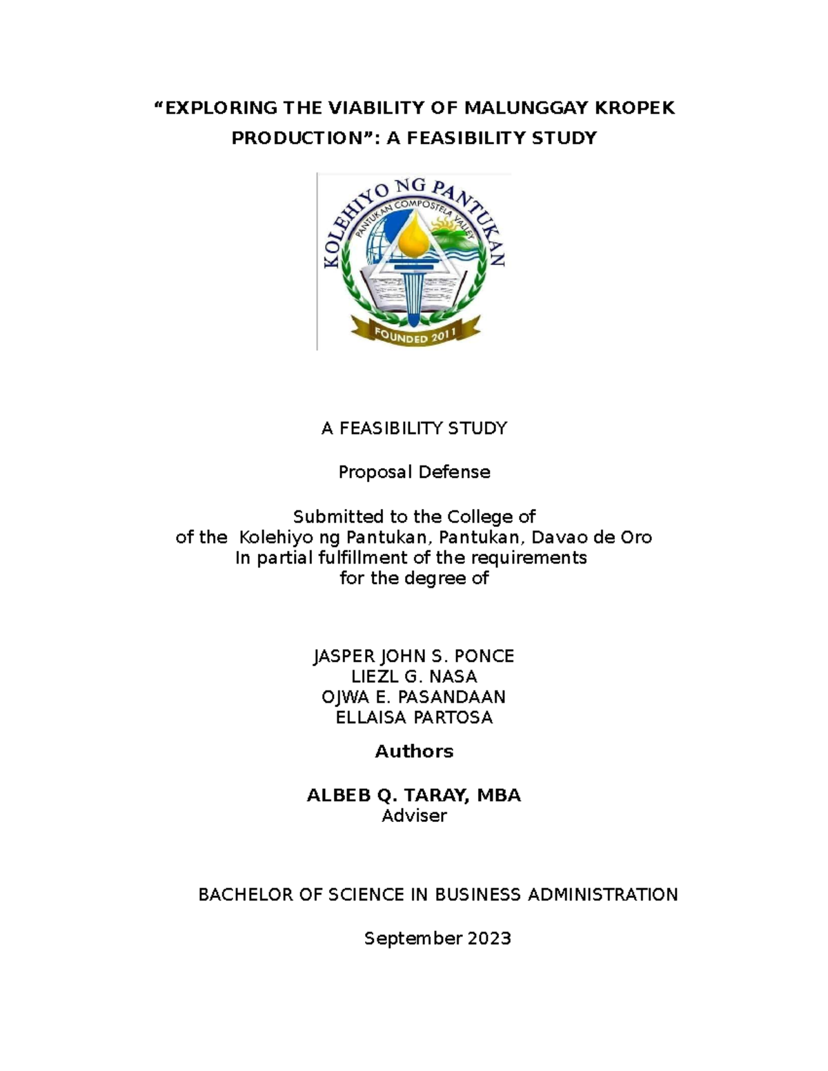 Malunggay- Kropek - A feasibility study - “EXPLORING THE VIABILITY OF ...