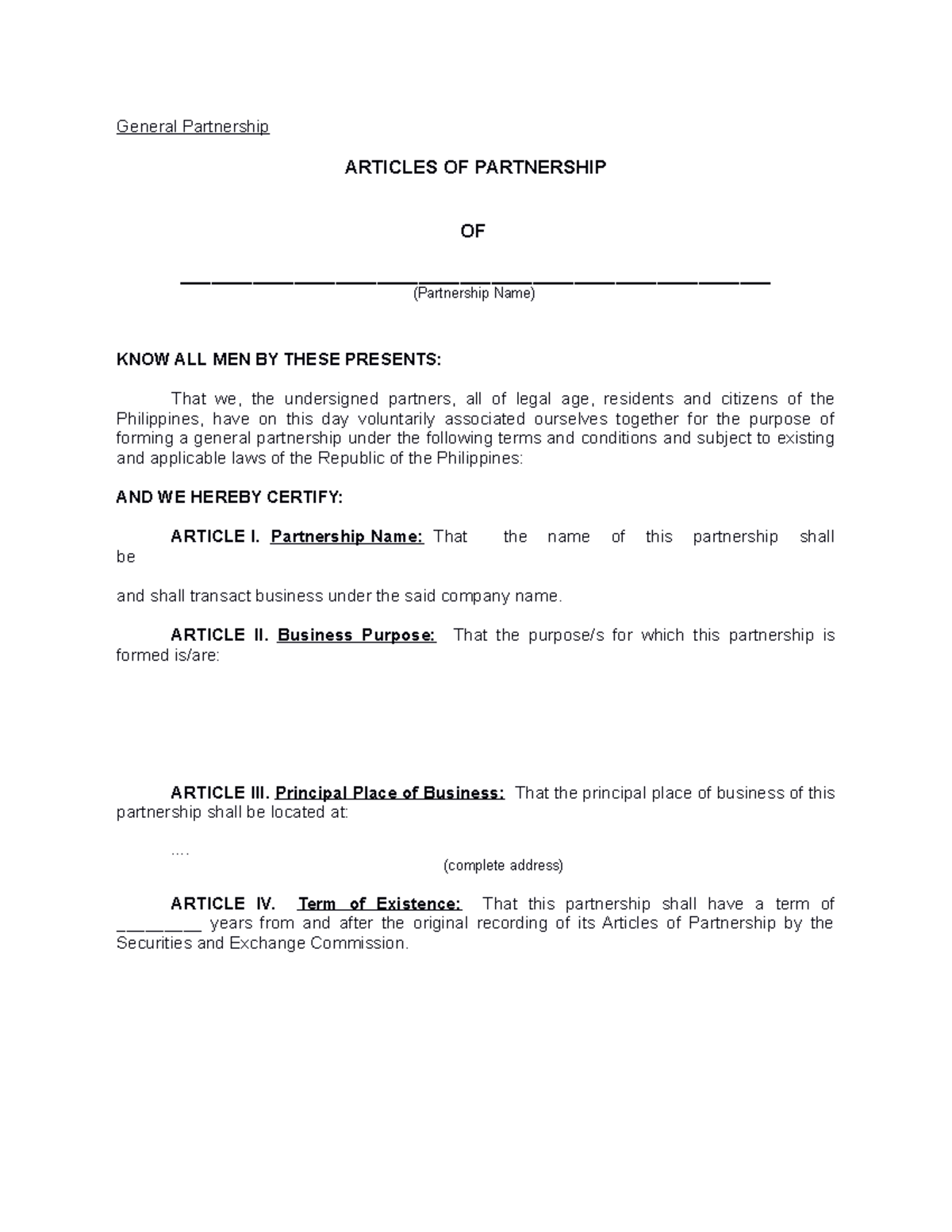 Articles-of-Partnership-for-general-partnerships - General Partnership ...