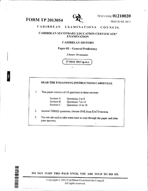 Csec history p2 2012 - CXC Past Paper - English A - Studocu