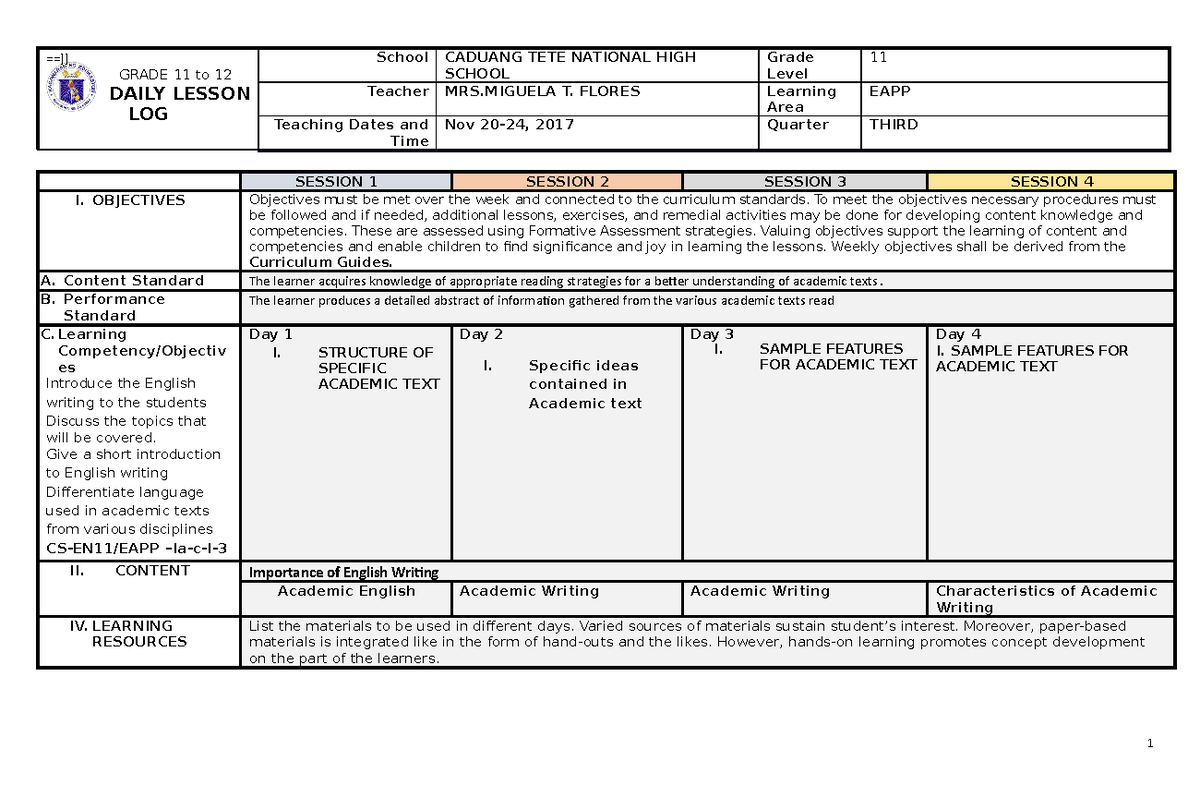 393991774 DLL EAPP 3RD - DLP for a subject in hs. - ==]] GRADE 11 to 12 DAILY LESSON LOG School ...