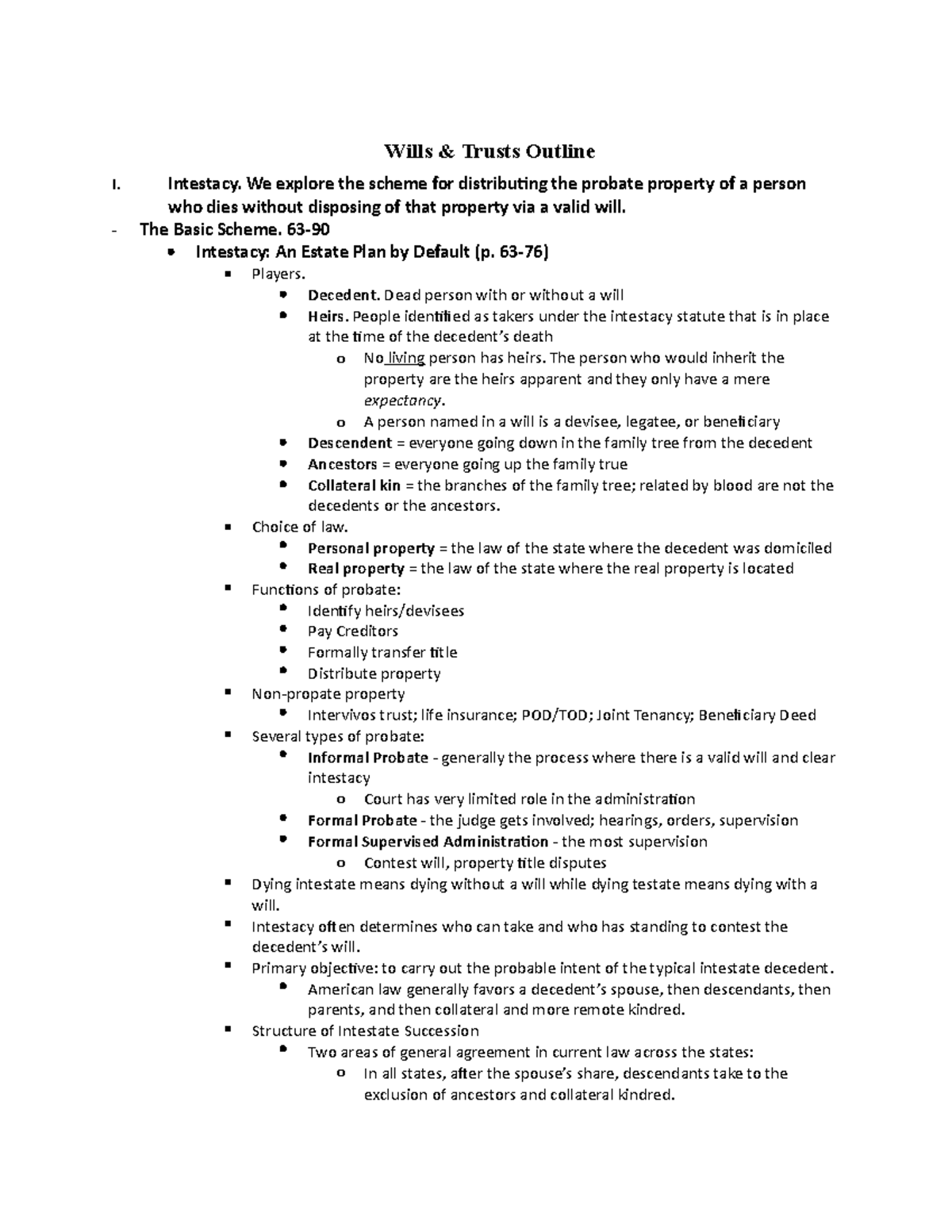 Working Outline - Wills & Trusts - Professor Ryans - Wills & Trusts ...