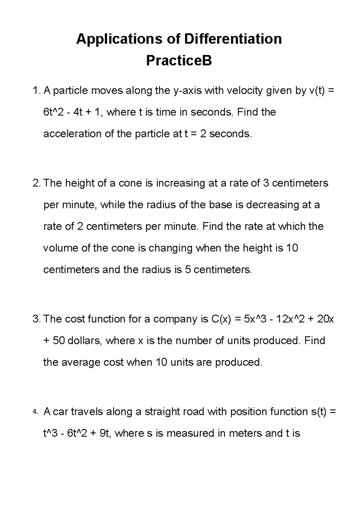 Applications of Differentiation Practice B - Applications of ...