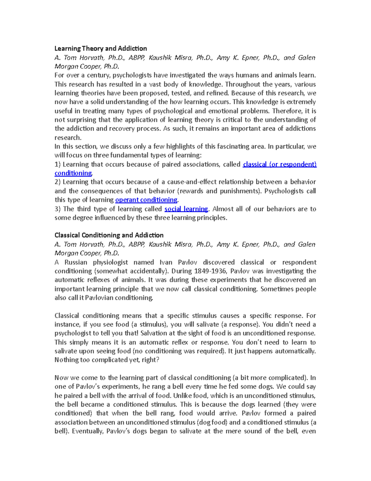 Learning Theory and Addiction - Tom Horvath, Ph., ABPP, Kaushik Misra ...