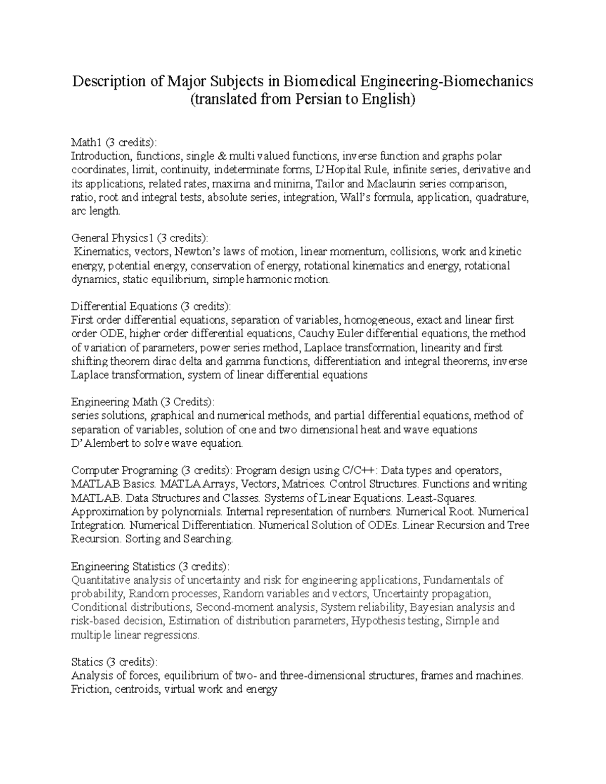 Course descriptions - Description of Major Subjects in Biomedical ...