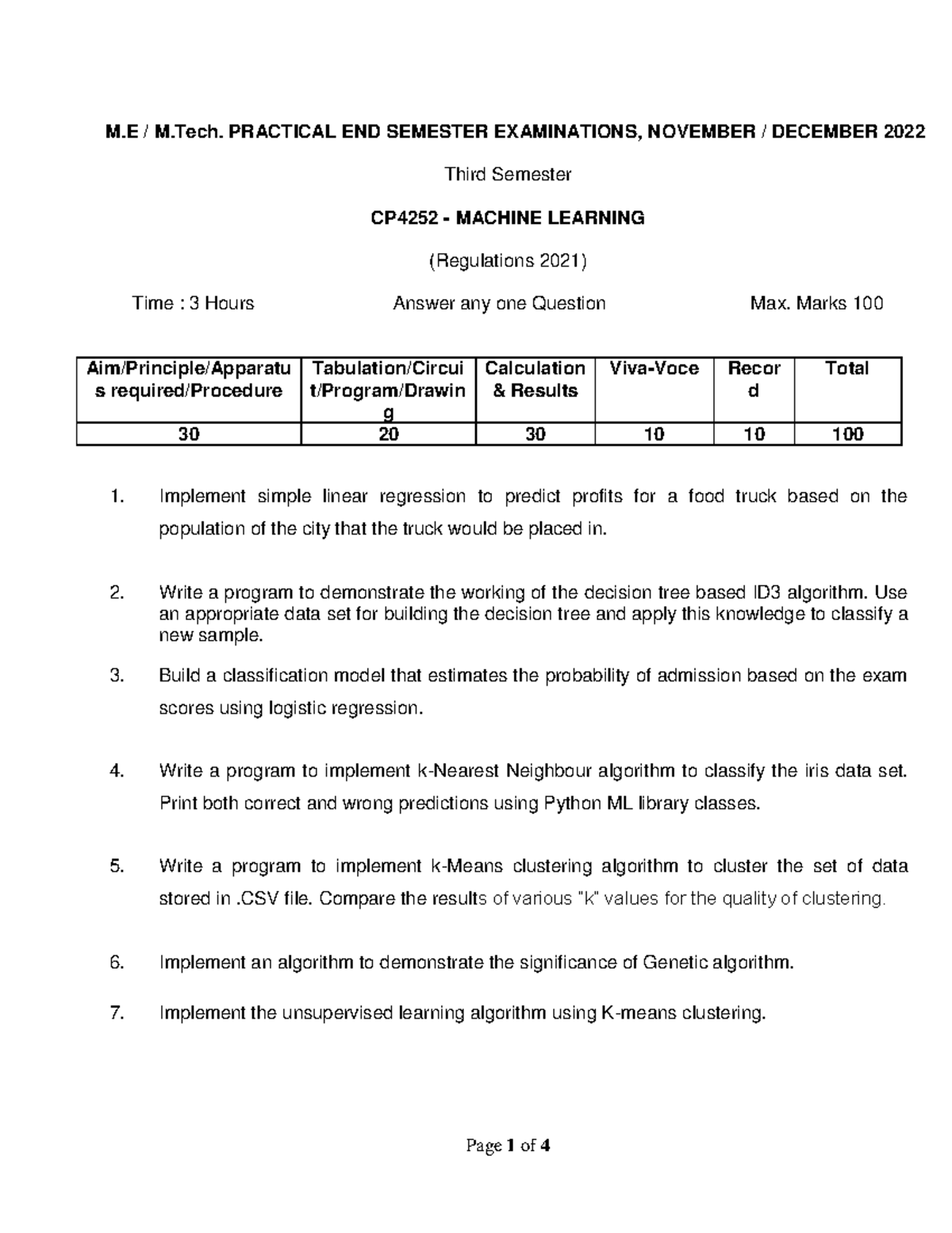 CP4252 SET2 - LAB QUESTION SET - M / M. PRACTICAL END SEMESTER EXAMINATIONS, NOVEMBER / DECEMBER ...