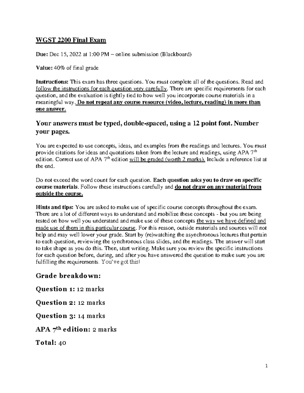 2200 Final exam Fall 2022 - WGST 2200 Final Exam Due: Dec 15, 2022 at 1 ...