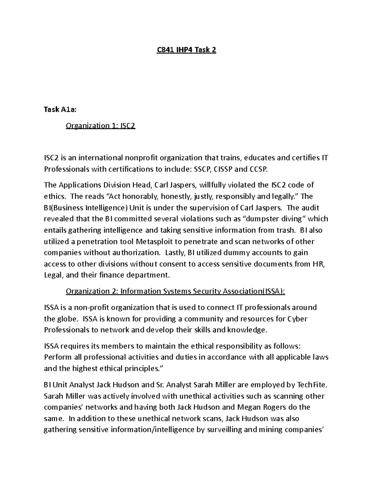 IHP4-Task-2 - Task 2 - C841 IHP4 Task 2 Task A1a: Organization 1: ISC ...