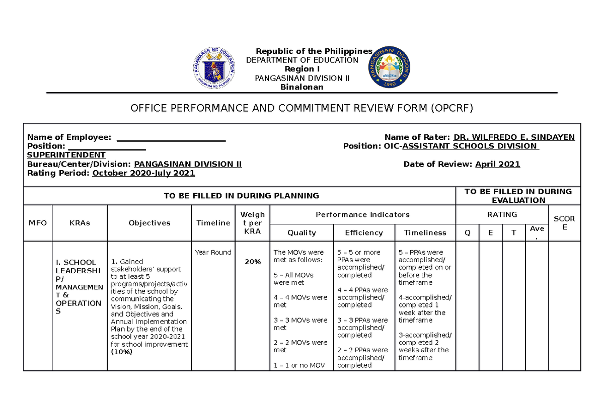 Opcrf 2020 2021 Corrected - Republic of the Philippines DEPARTMENT OF EDUCATION Region I ...