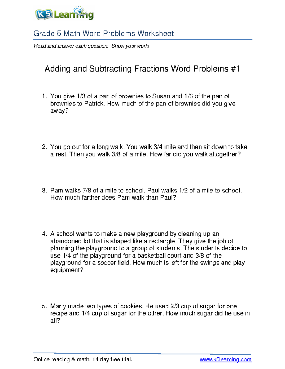 Adding and Subtracting Fractions Word Problems - Online reading & math ...