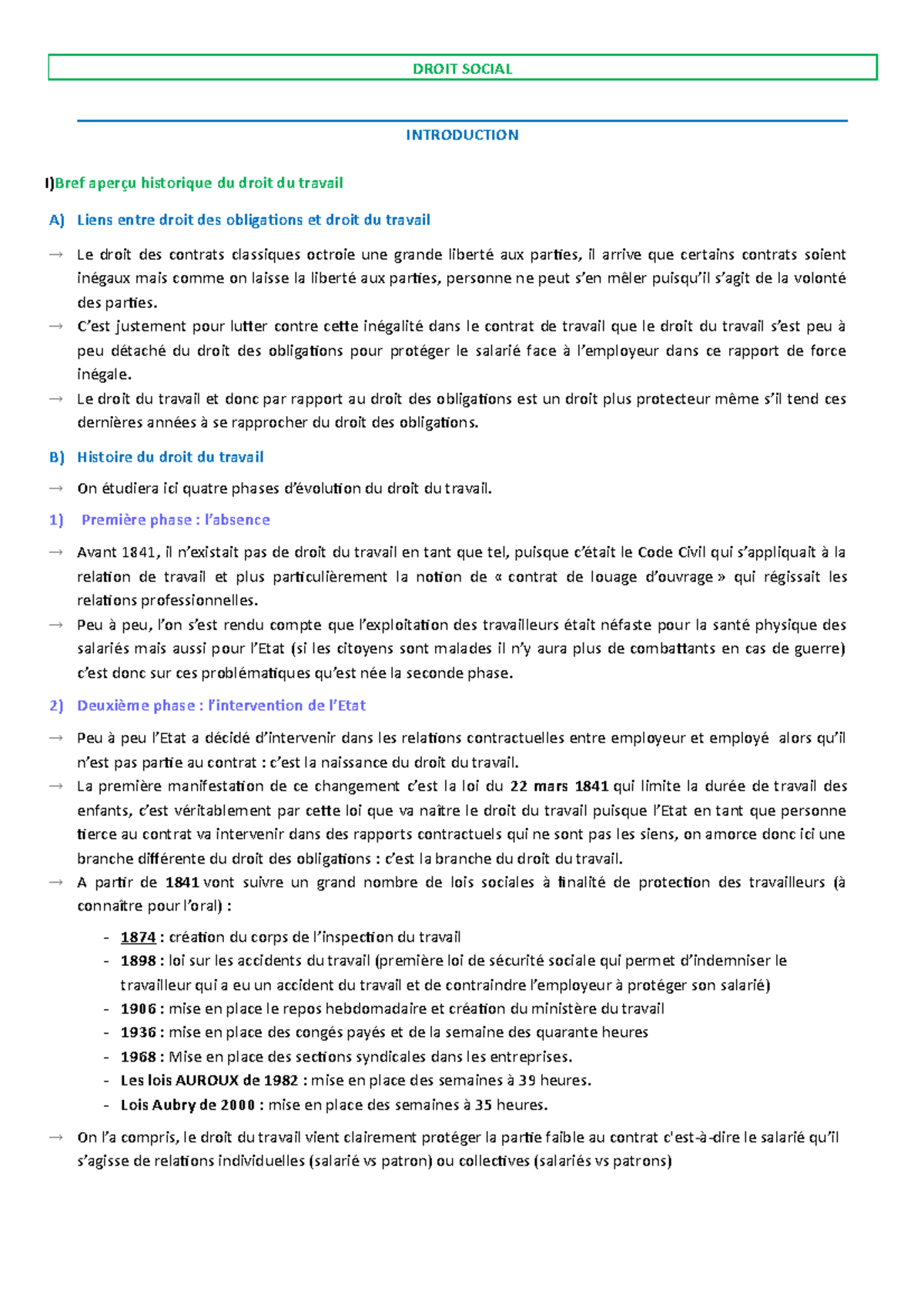 Cours magistral de droit social, licence 3 - DROIT SOCIAL INTRODUCTION ...