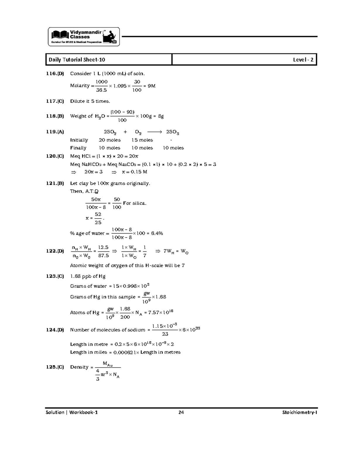 Stoichiometry DTS-10 Solution - Solution | Workbook-1 24 Stoichiometry ...