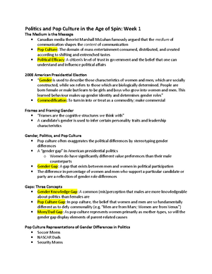2142 course notes - Politics and Pop Culture 2142 - Course Notes Week 1 ...