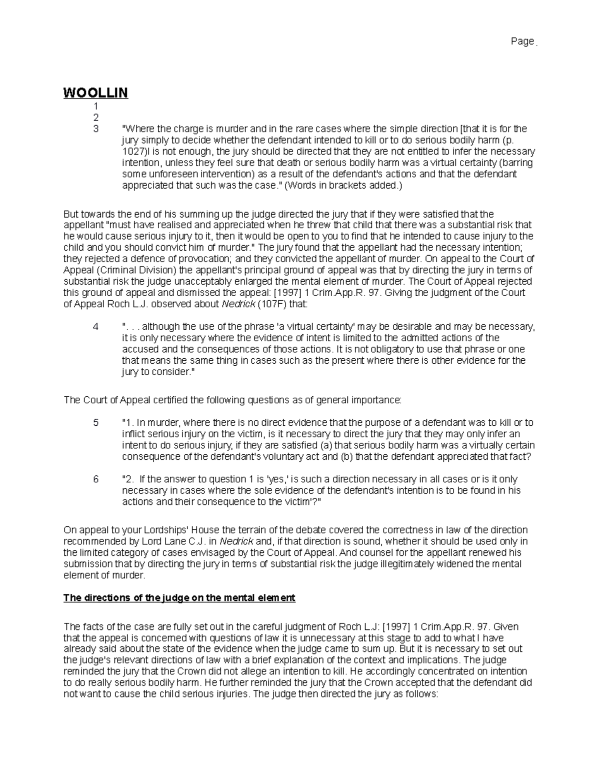 Woollin - This is an analysis of the judgement of one of the landmark ...