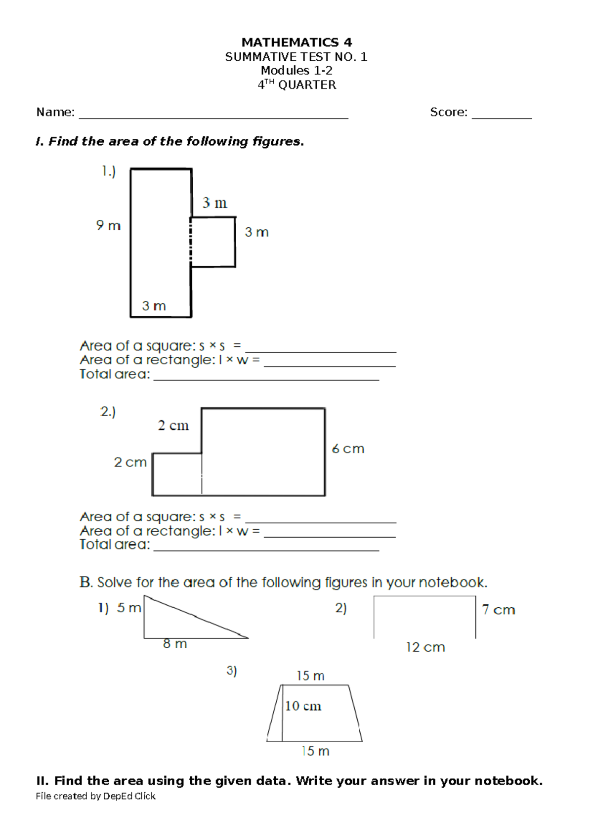 MATH4 ST1 Q4 - salkdmksfksldfklds - MATHEMATICS 4 SUMMATIVE TEST NO. 1 ...