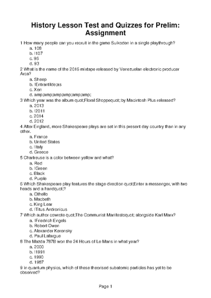 History Lesson Test and Quizzes for Prelim-Summary-1 - History Lesson ...
