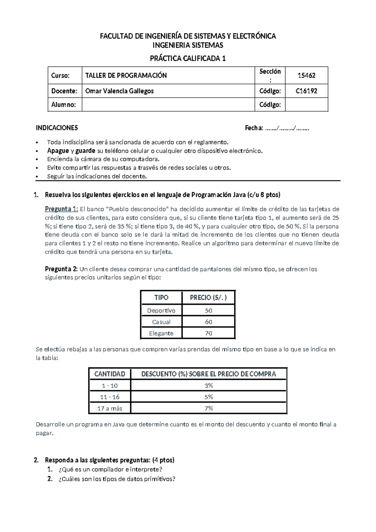 Practica Calificada 1 - primera pc 1 de taller de programacion de utp con el lenguaje java - Studocu