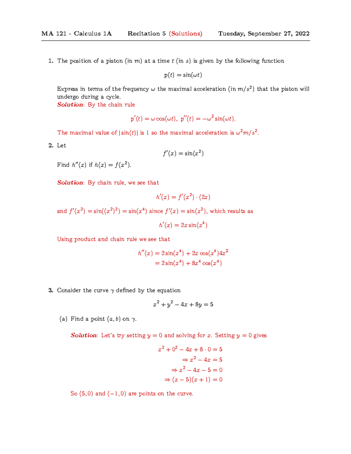 MA121 22F1 Rc5 sol - Professor: Denis Serbin - MA 121 - Calculus 1A Recitation 5 (Solutions ...