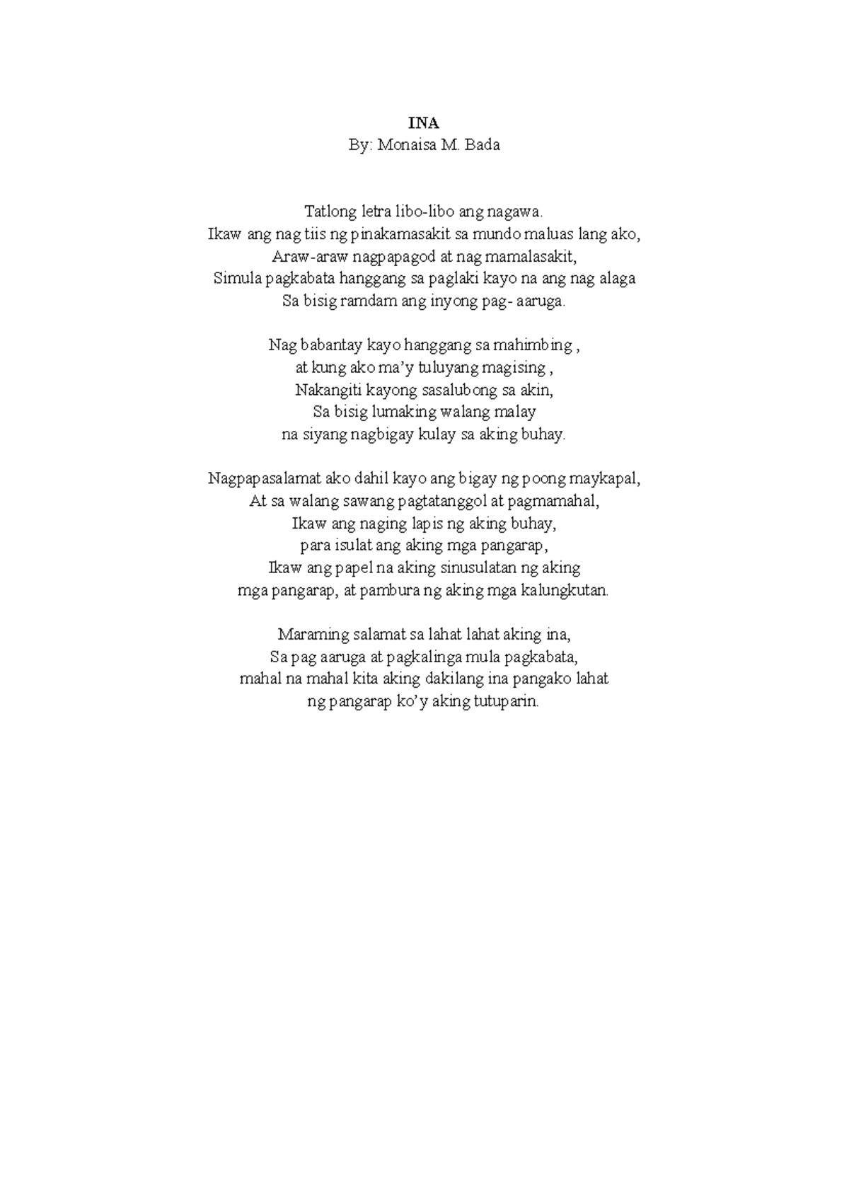 INA - For Reporting use - INA By: Monaisa M. Bada Tatlong letra libo ...