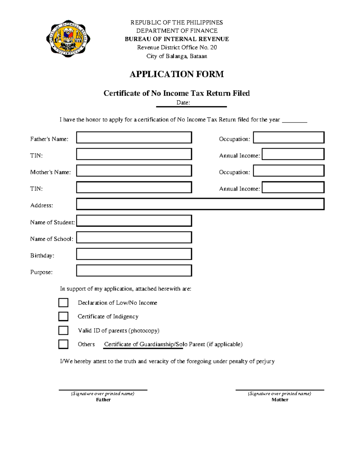 Application form for tax exempt both parents - Father's Name ...