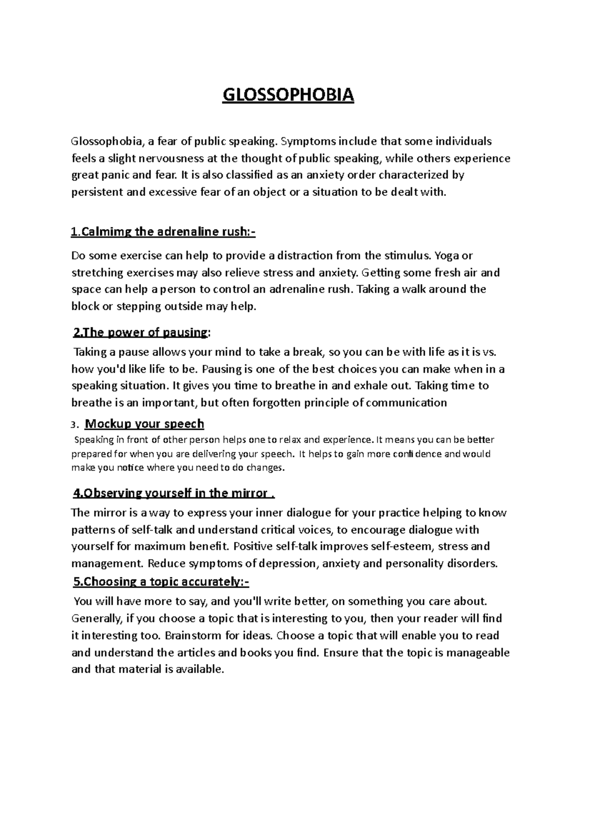 Eng - English assignment - GLOSSOPHOBIA Glossophobia, a fear of public ...