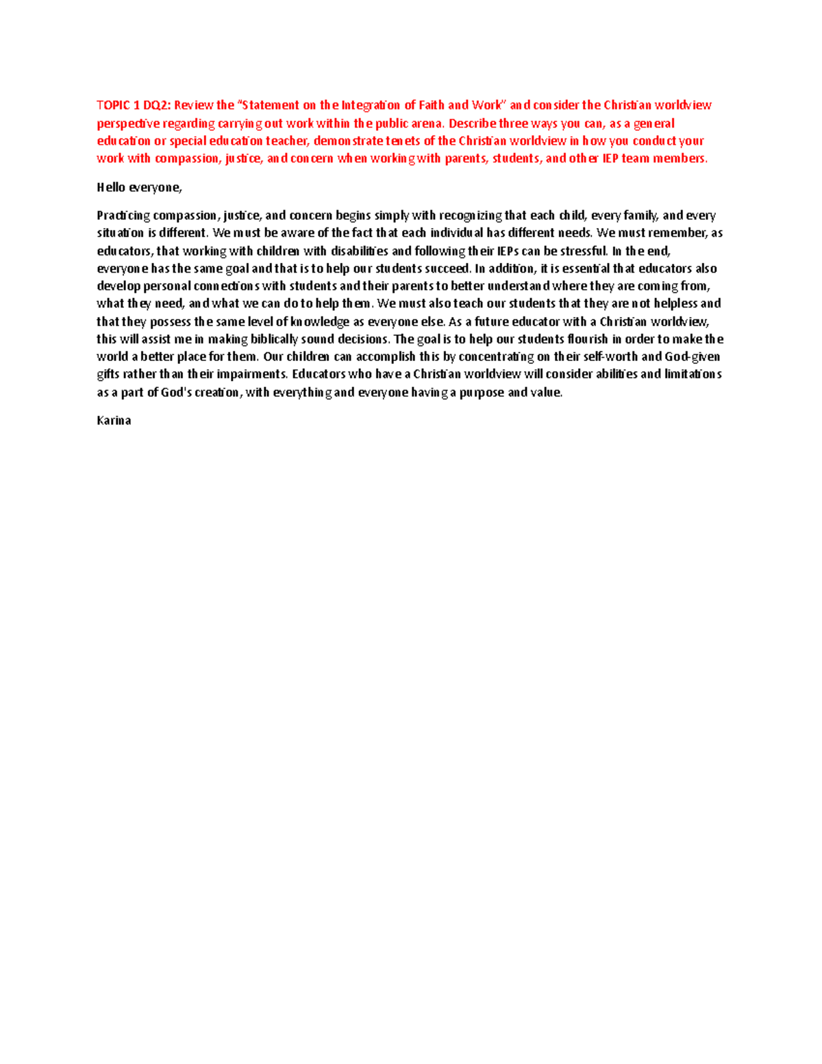 SPD-200 TOPIC 1 DQ2 - TOPIC 1 DQ2: Review the “Statement on the ...